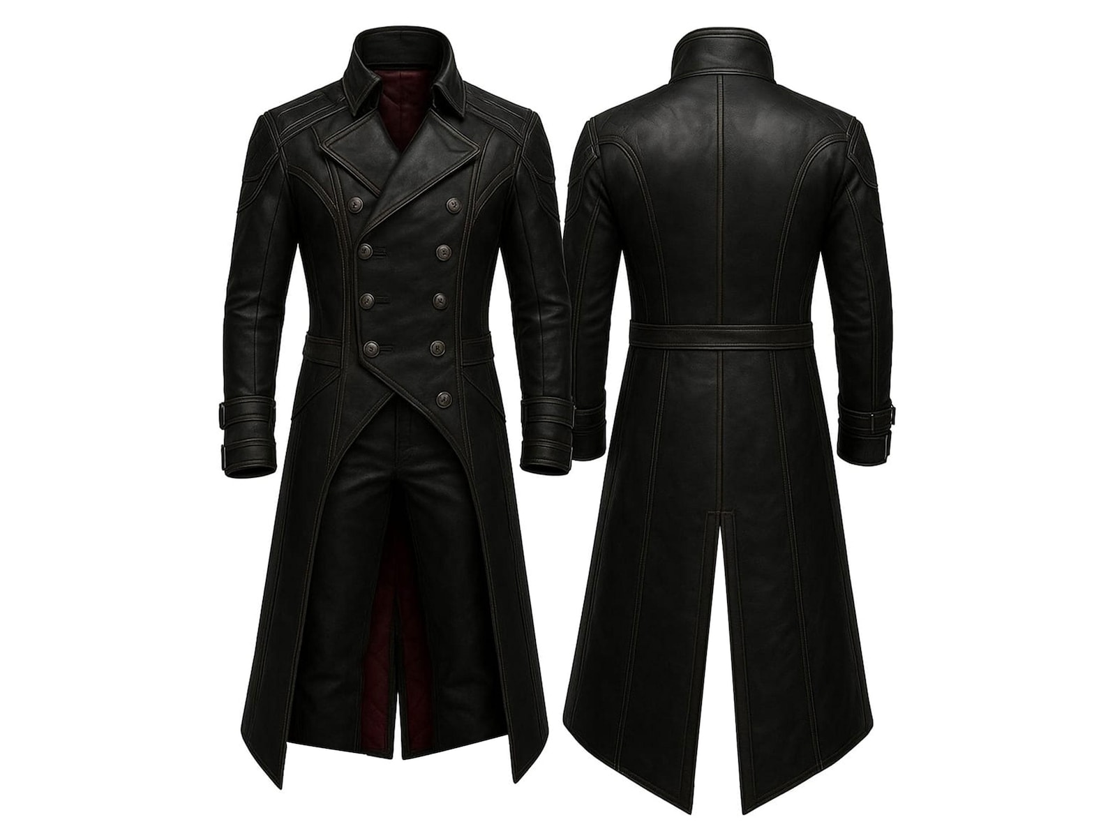 Men's Genuine Leather Gothic Trench Coat: Double Breasted Steampunk ...