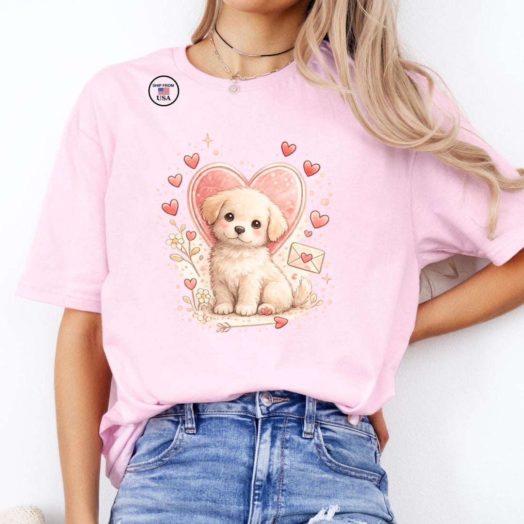Puppy Valentine T-shirt, Soft Dog Illustration, Gildan Cotton Shirt - Etsy