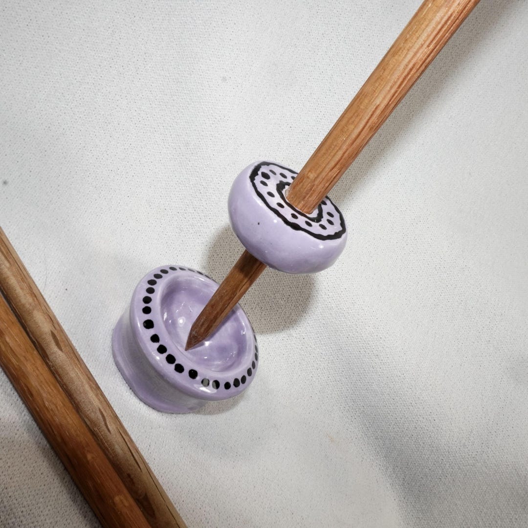 Neolithic Form Spindle Set With a Stoneware Whorl & Three Hardwood ...