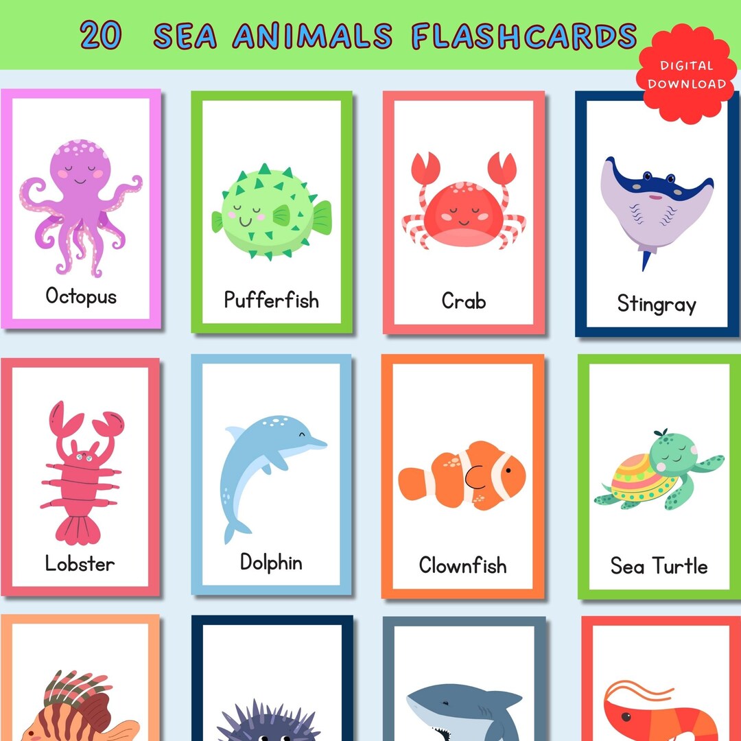 Ocean Animals Flash Cards 20 Sea Animals Cards for Kids Printable ...