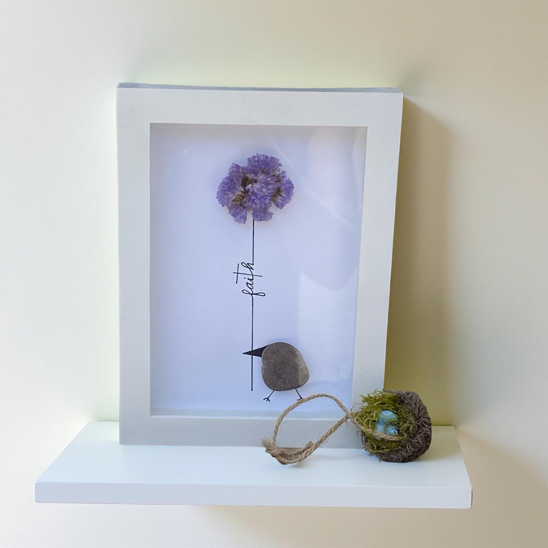 Faith Pebble Art Shadow Box: River Rock Wren With Dried Flower - Etsy