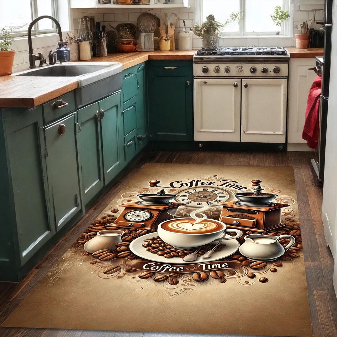 Vintage Coffee Time Kitchen Rug: Barista Decor, Washable Carpet - Etsy