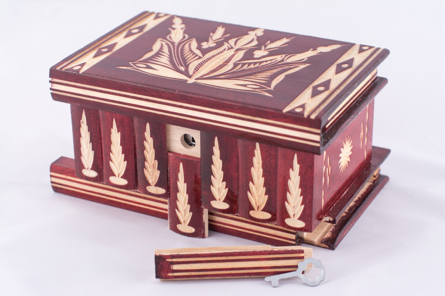 Puzzle Box W Secret Chamber Wooden Red W/ Lock & Key Jewelry | Etsy