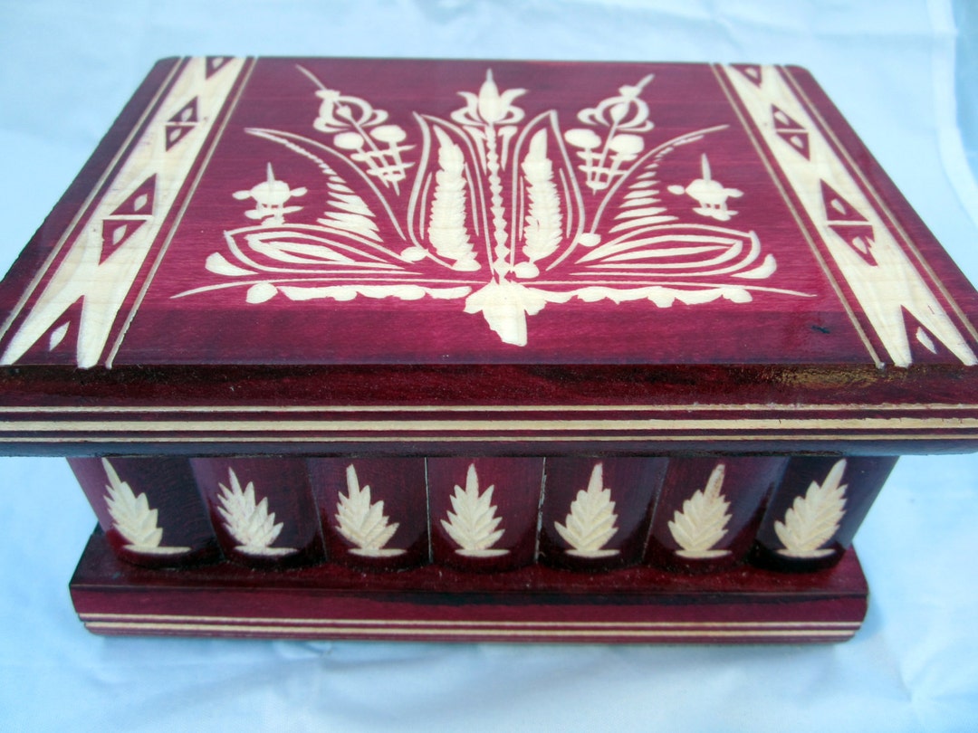 Handmade Wooden Puzzle Box Secret Compartment Lock and Key Jewelry Red ...