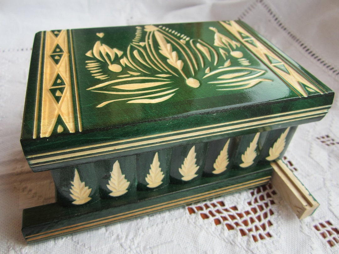 Wooden Puzzle Box With Hidden Compartment Mirror Key and Lock Carved ...