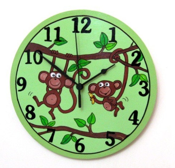 Green Round Wall Clock With Monkeys Painting | Etsy