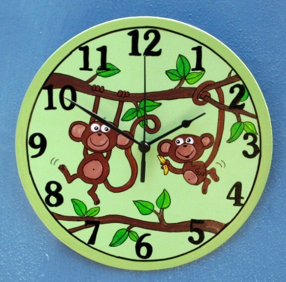 Green Round Wall Clock With Monkeys Painting - Etsy