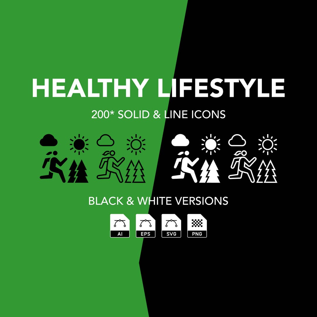 Healthy Lifestyle Bundle / Fitness Illustrations / Outline and Solid ...