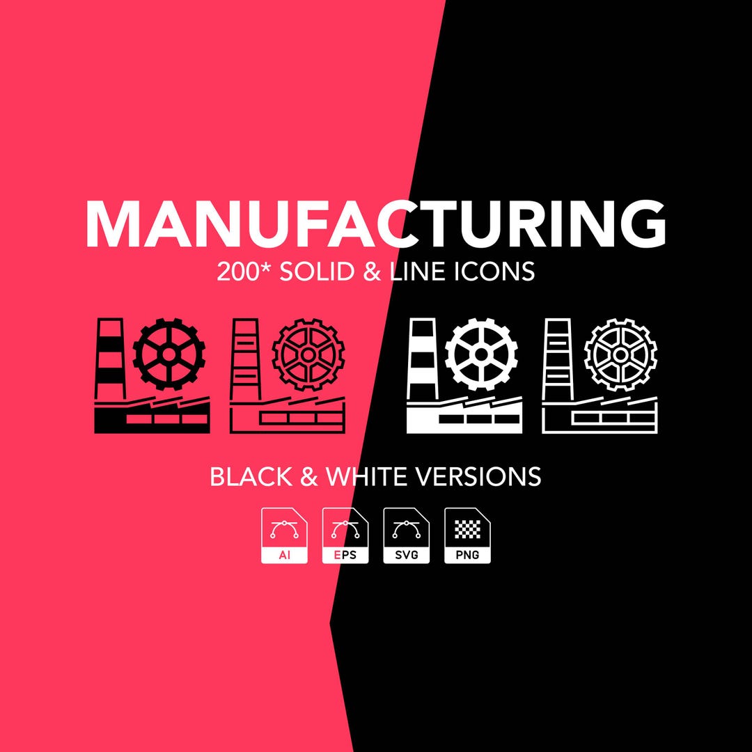 Manufacturing Icon Set: Factory Outline, Solid (AI, EPS10, PNG, SVG) - Etsy