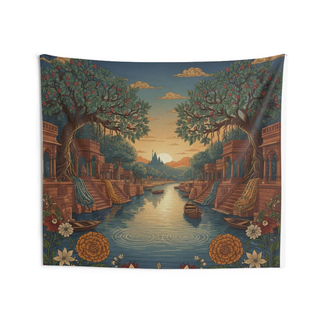 Vintage Riverfront Temple Scene Indoor Wall Tapestry | Boho Mandala ...