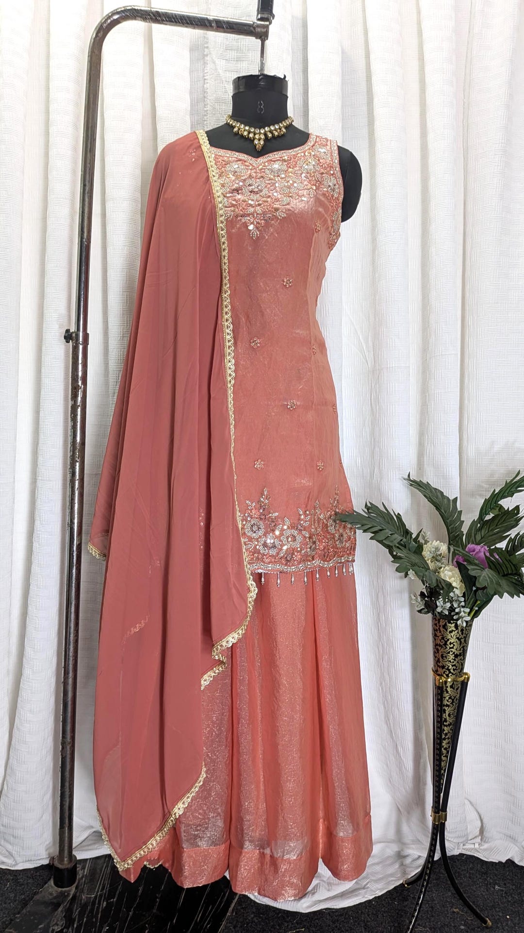 Peach Pakistani Salwar Kameez Fandy Silk Embroidered Sequence Outfits ...
