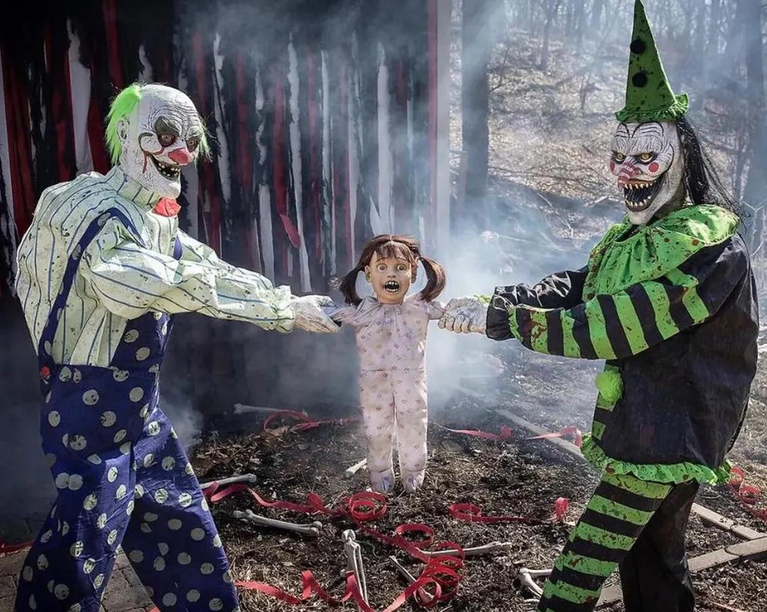 Halloween Animated Lifesize Creepy TUG OF WAR Green Black Clowns Prop ...