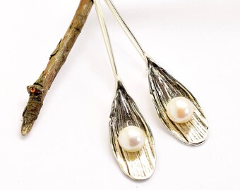 Twig earrings sterling silver branch dangle earrings olive | Etsy