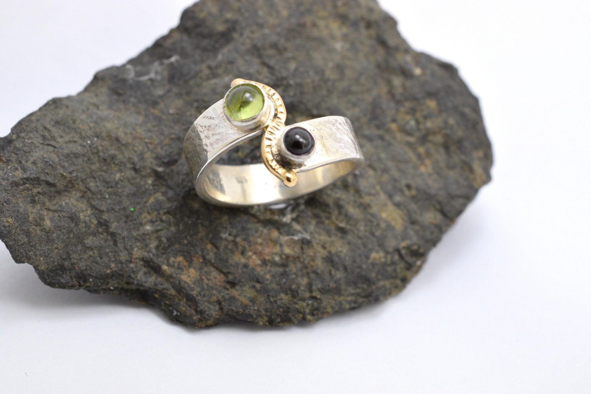Sterling Silver and Gold Garnet and Peridot Ring, Dual Stone on a Wrap ...