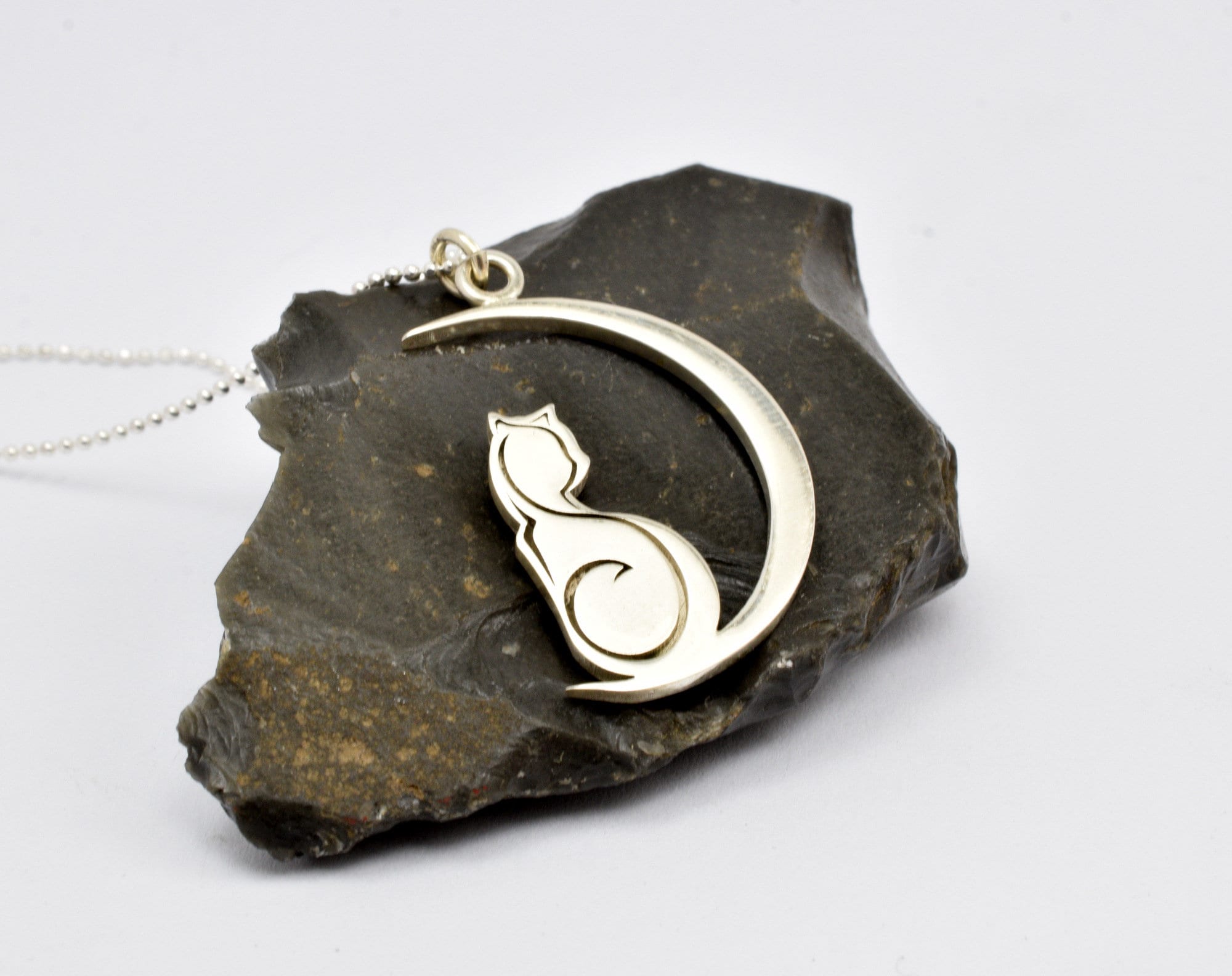 Silver crescent moon and cat pendant big charm sterling silver | Etsy