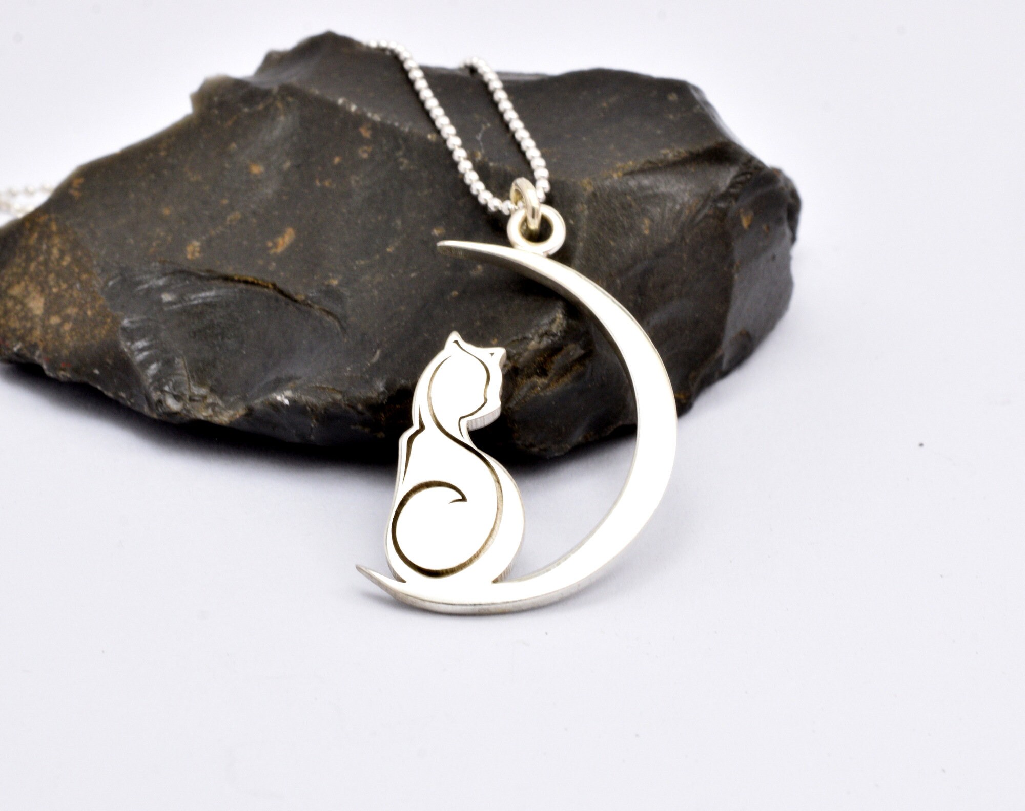 Silver Crescent Moon and Cat Pendant Big Charm Sterling Silver Cat ...