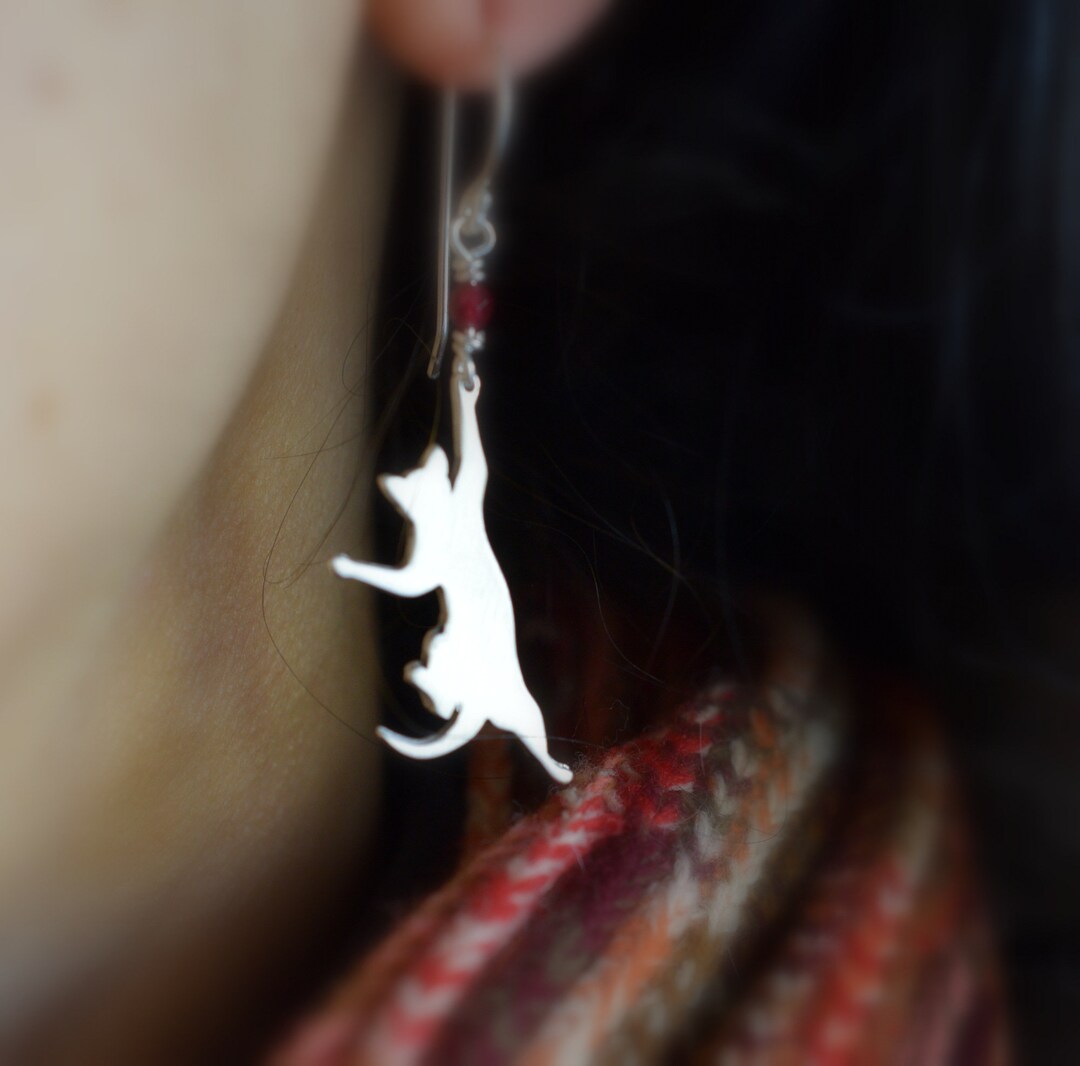Cat Earrings in Matte Sterling Silver - Dangle Stretched Cat With ...