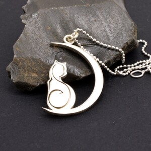 Silver Crescent Moon and Cat Pendant Big Charm Sterling Silver Cat ...