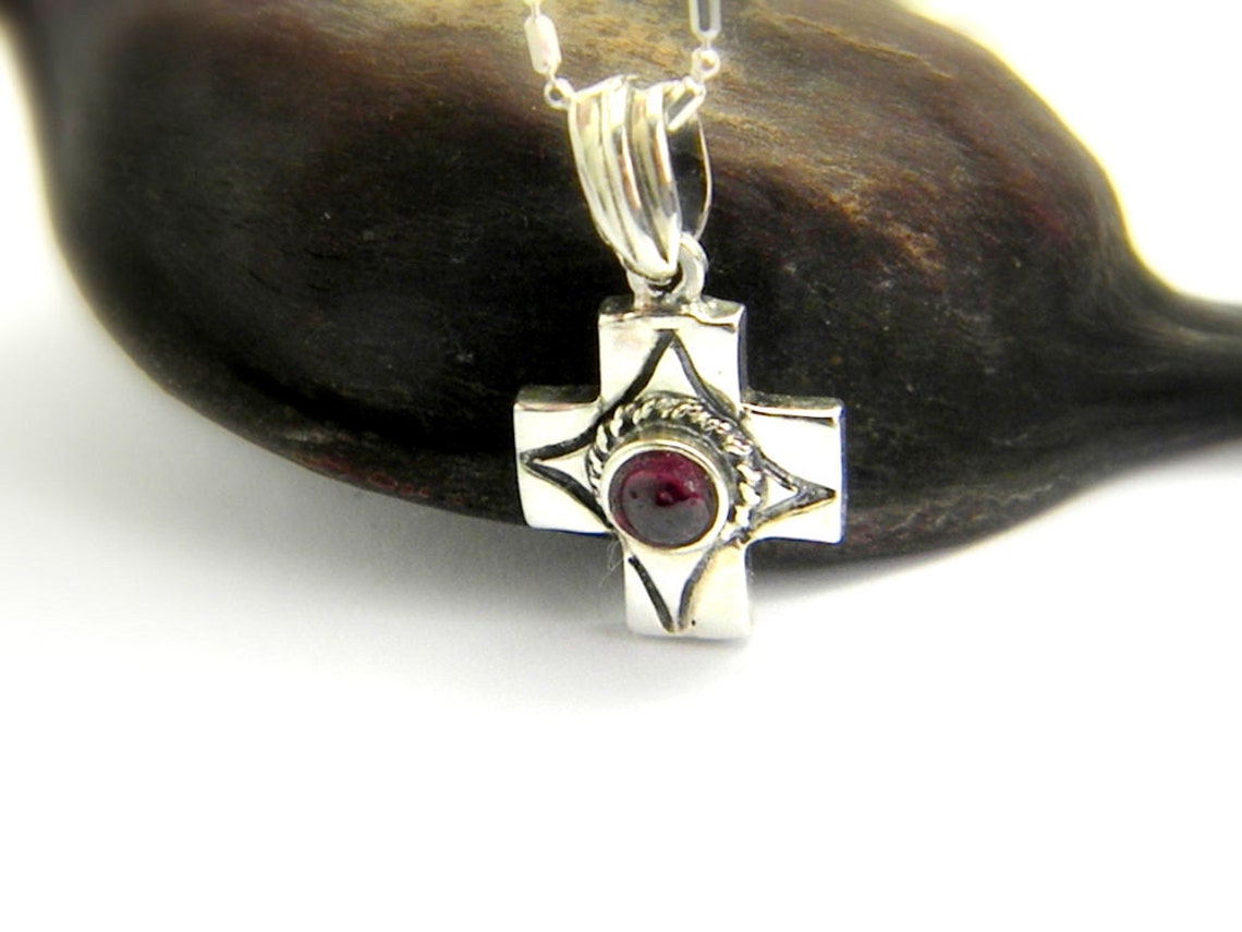 Small Silver Cross, Garnet Stone, Sterling Silver Solid Religious ...