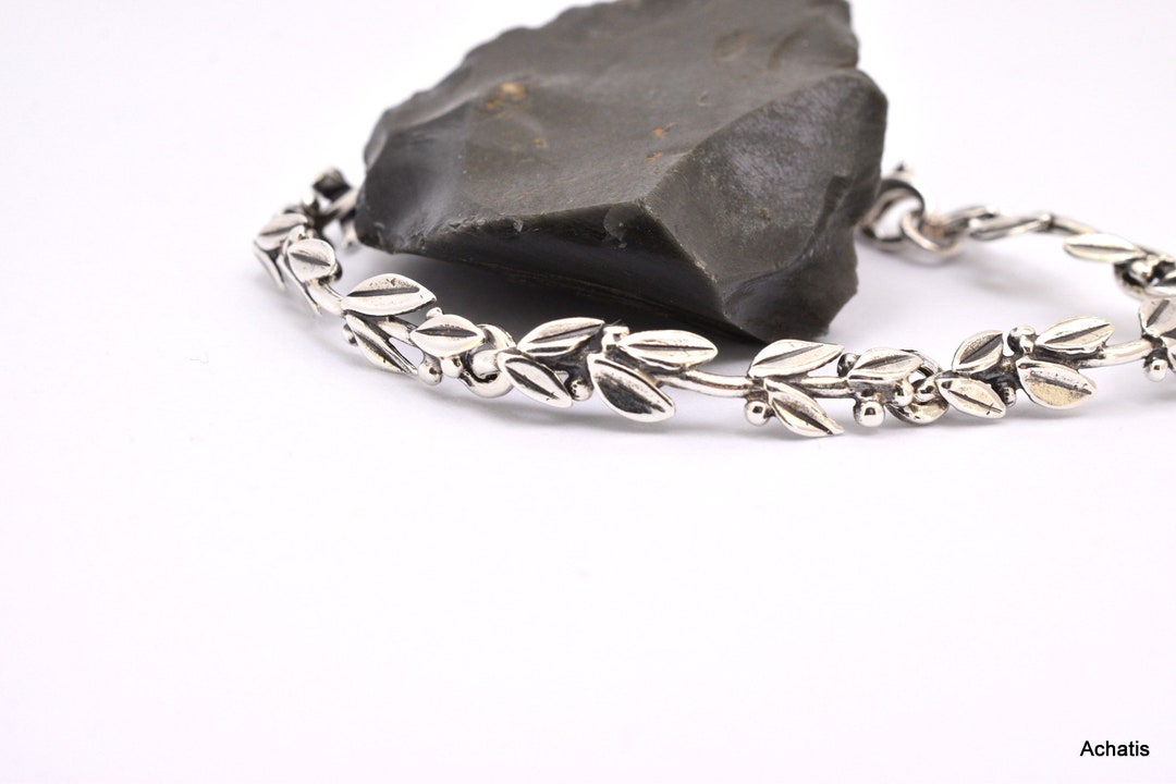 Sterling Silver Bracelet Olive Branch, Olive Leaves Bangle, Twig Link 