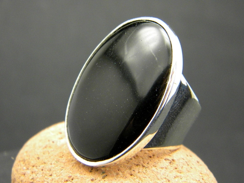 Large Black Onyx Ring, Sterling Silver, Huge Oval Black Stone ...