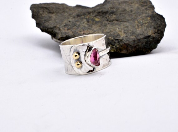 Tourmaline ring sterling silver wide band artisan ring size 6 | Etsy