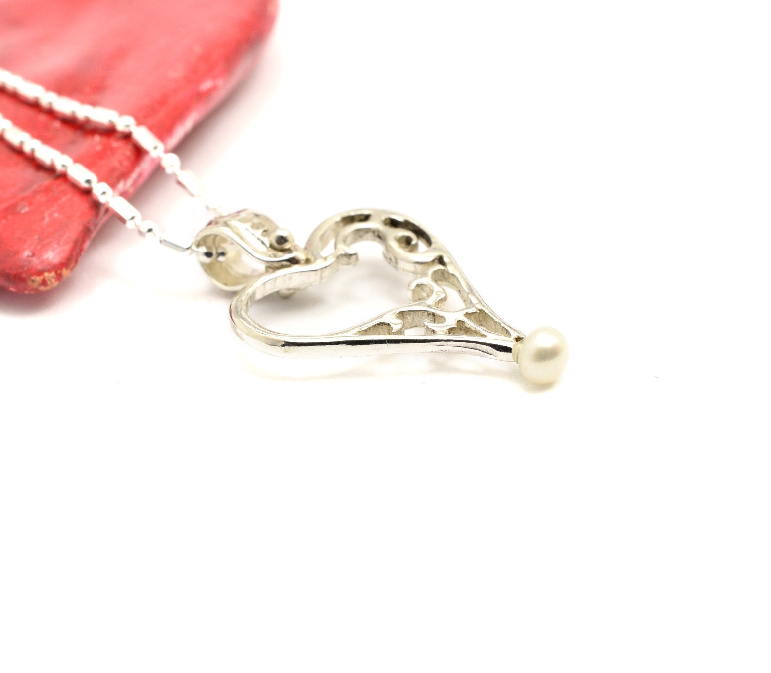 Heart Sterling Silver Necklace - Lace Romantic Silver Pendant - Pearl ...