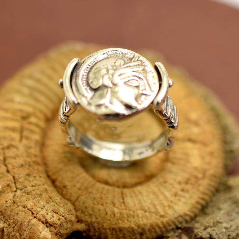 Sterling silver coin ring Athena owl reversible flip ring | Etsy