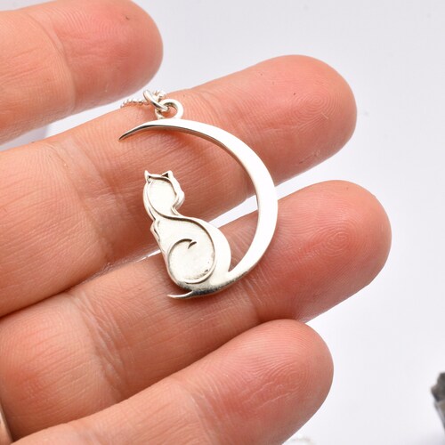 Silver Crescent Moon and Cat Pendant Big Charm Sterling Silver | Etsy