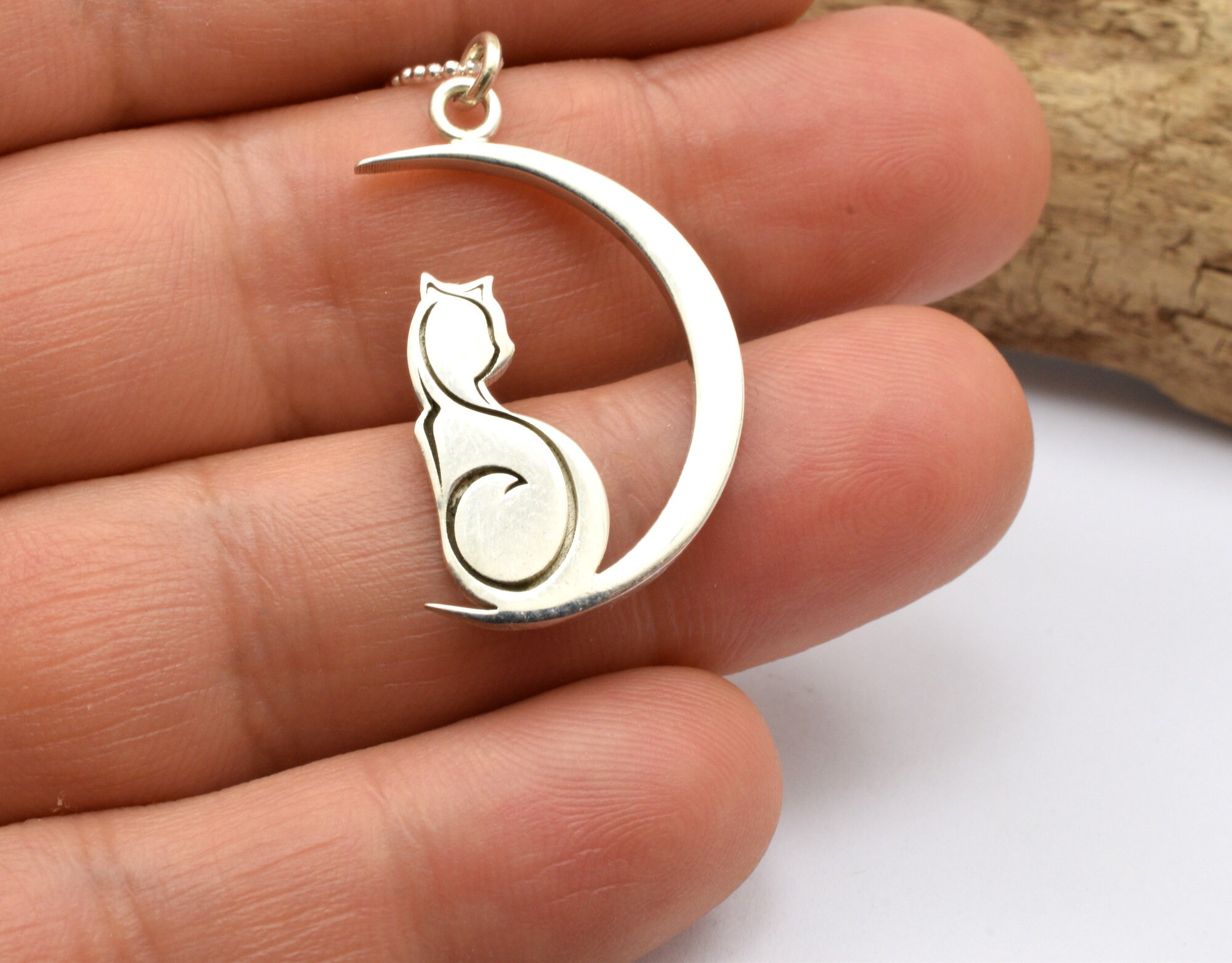 Silver crescent moon and cat pendant big charm sterling silver | Etsy