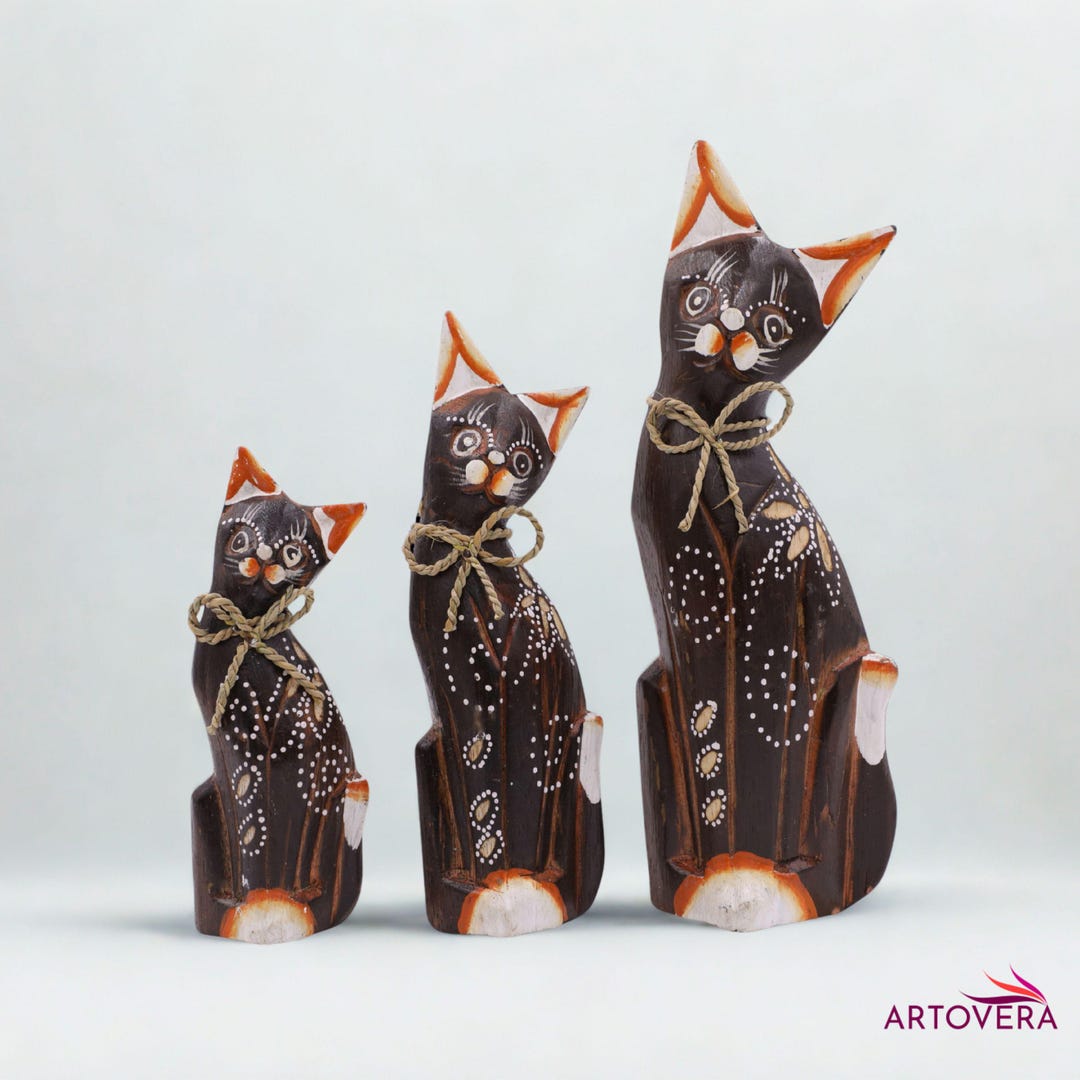 Hand Carved Wooden Cat Figurine Set of 3 | Rustic Wooden Cat Statues ...