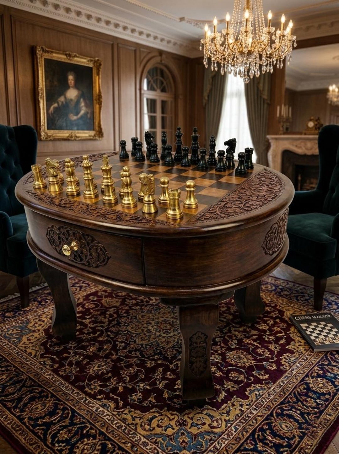 Hand Carved Teak Chess Table With Storage Drawer – Luxury Game Room ...
