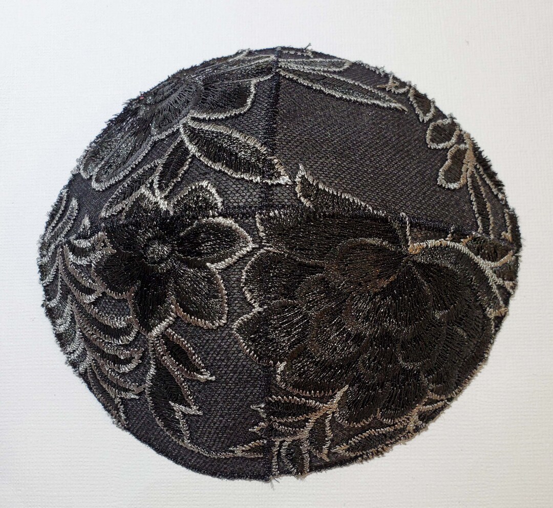 Black Embroidered Floral Leaves Ladies Kippah Head Covering Yarmulke ...