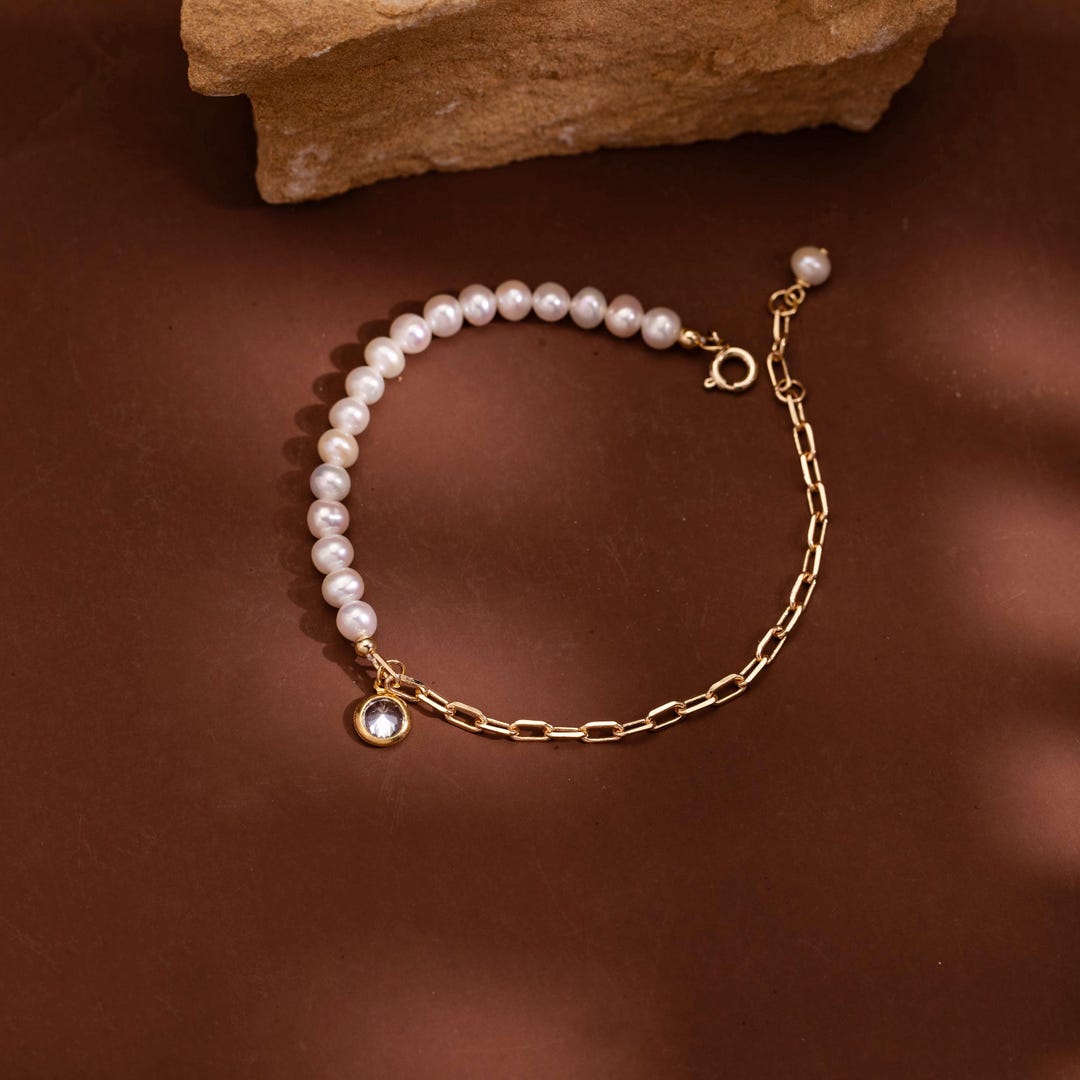 Pearl Gold Bracelet With Gemstone,half Pearl Half Gold Chain Bracelet ...