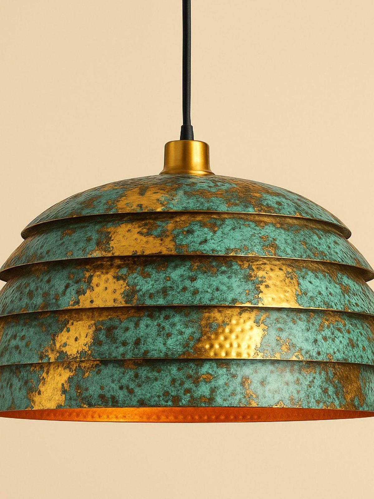 Handmade Patina Copper Layered Dome Pendant Light – Verdigris Green ...