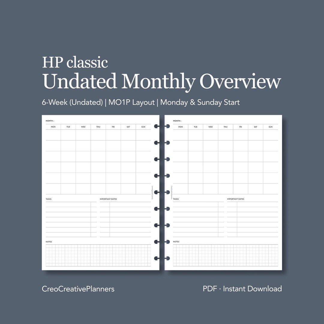 HP Classic Undated Monthly Overview Planner Insert Printable Month With ...