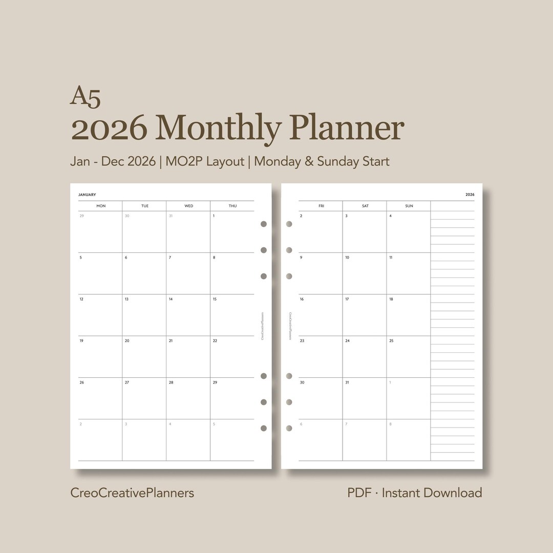 A5 2026 Monthly Planner Insert Printable Month at a Glance Layout ...