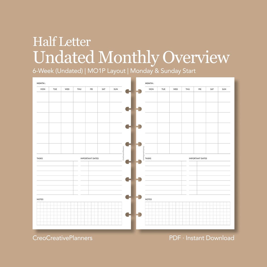 Half Letter Undated Monthly Overview Planner Insert Printable Month ...