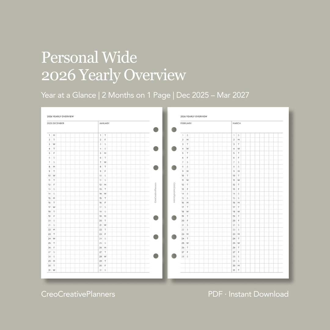 Personal Wide 2026 Yearly Overview Two Months per Page Insert Year at a ...