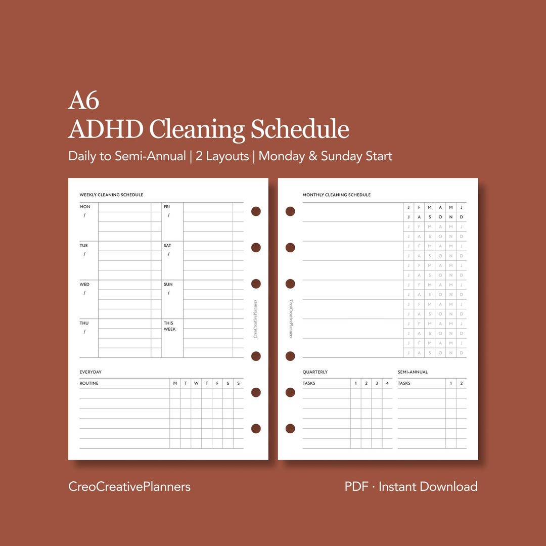 ADHD Cleaning Schedule A6 Inserts Printable Planner for Adults With ...