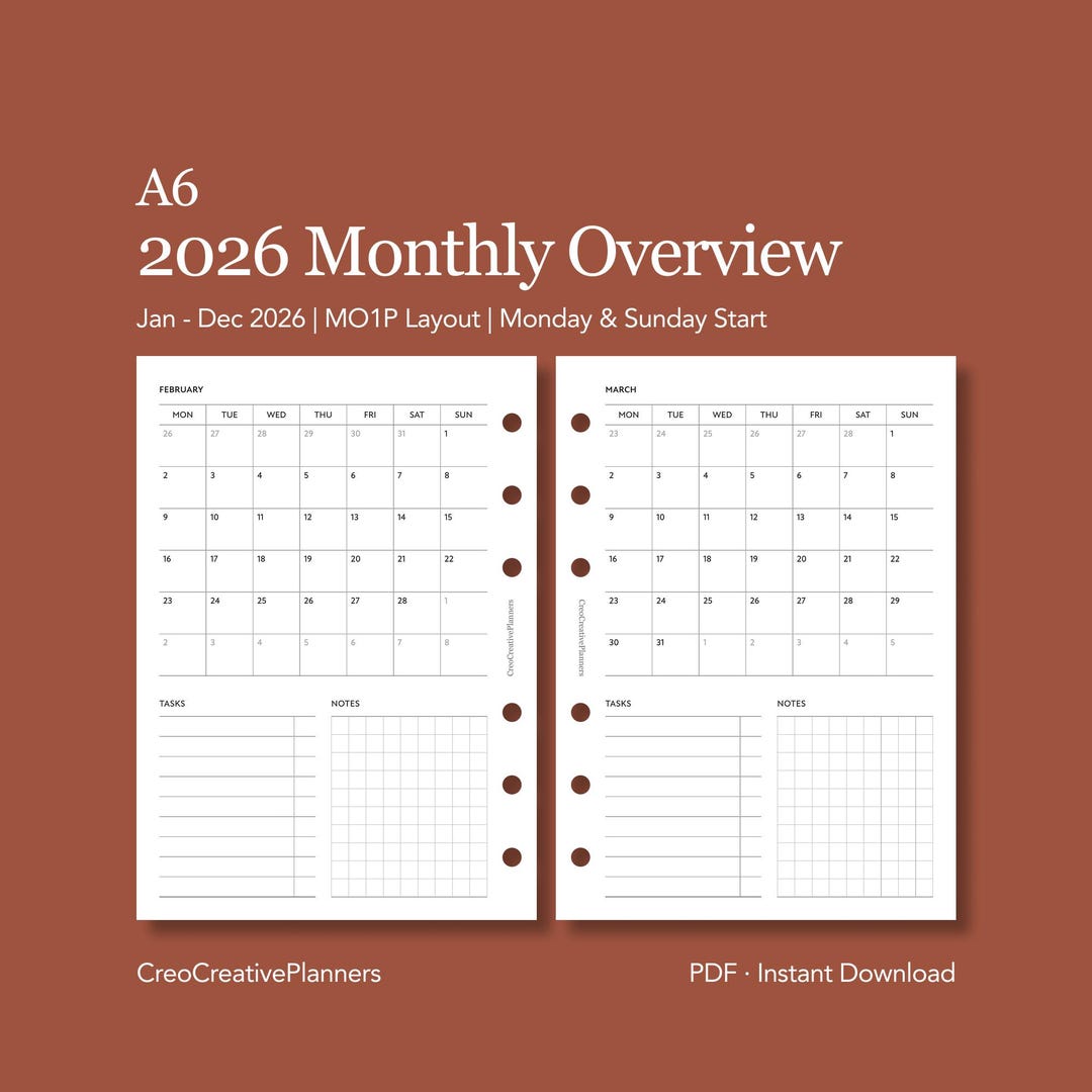A6 2026 Monthly Overview Planner Insert Printable Month With Notes One ...