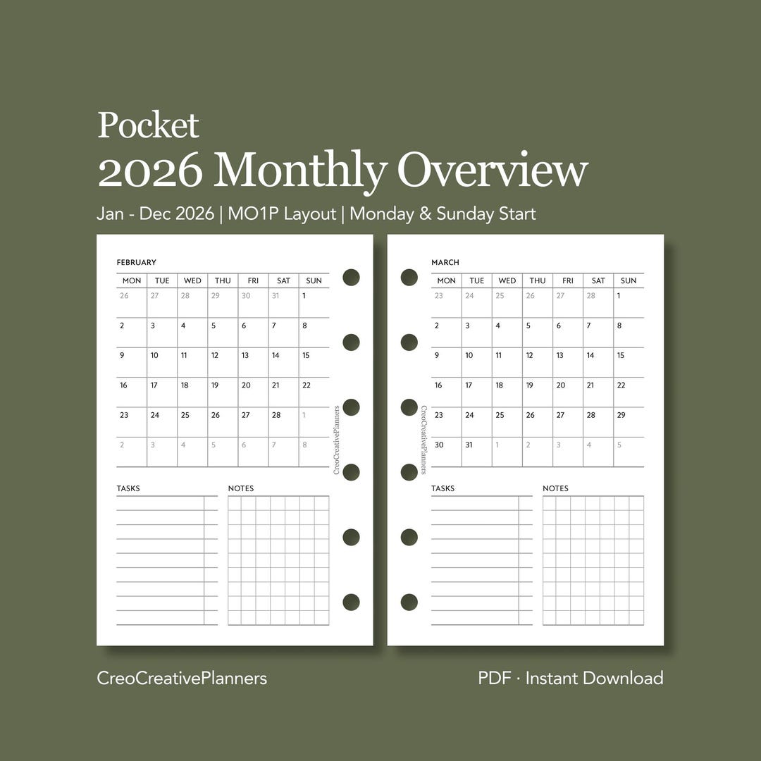 Pocket 2026 Monthly Overview Planner Insert Printable Month With Notes ...