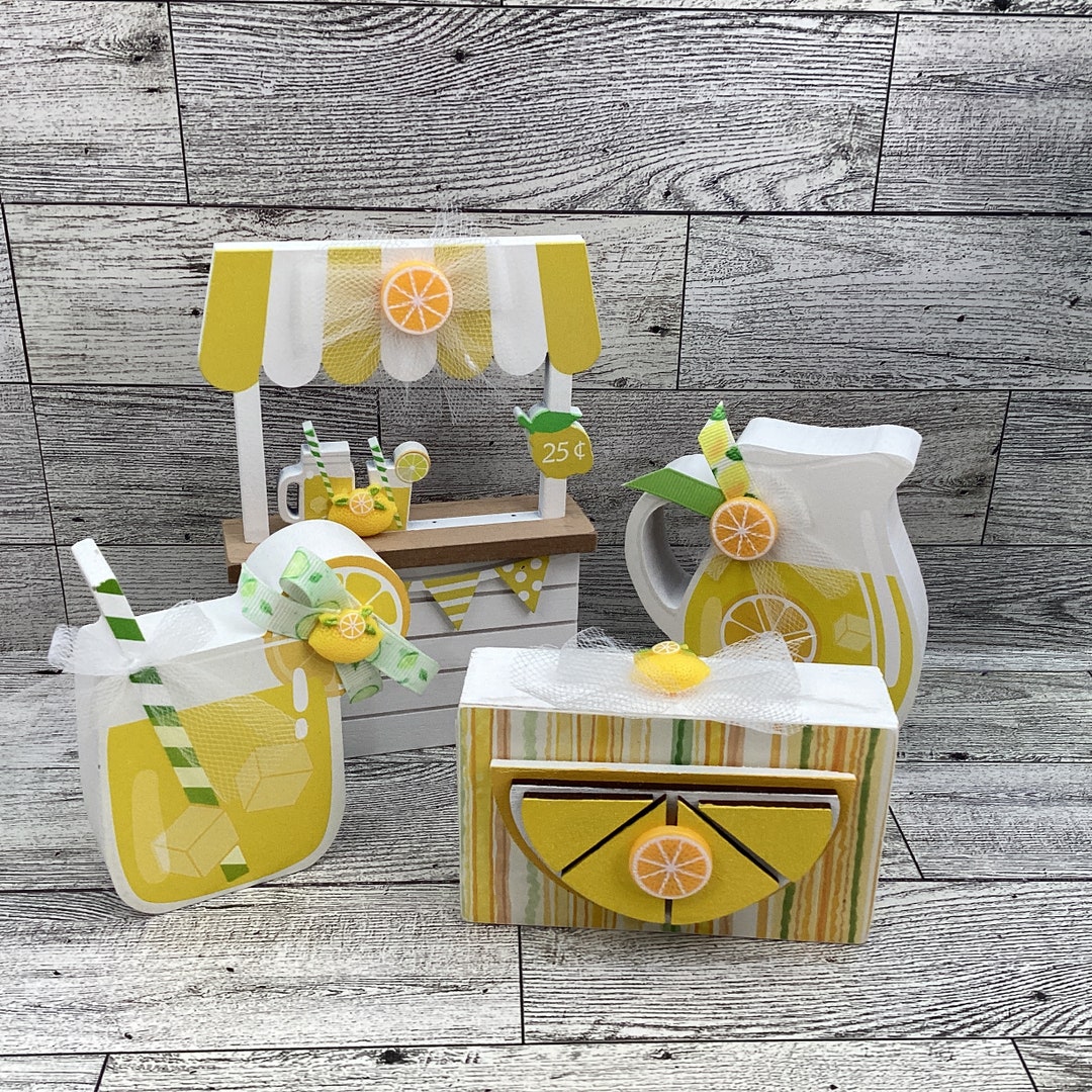 Summer Decor Lemon Lemonade Booth, Stand. Pitcher, Glass Tier Tray 4pc ...