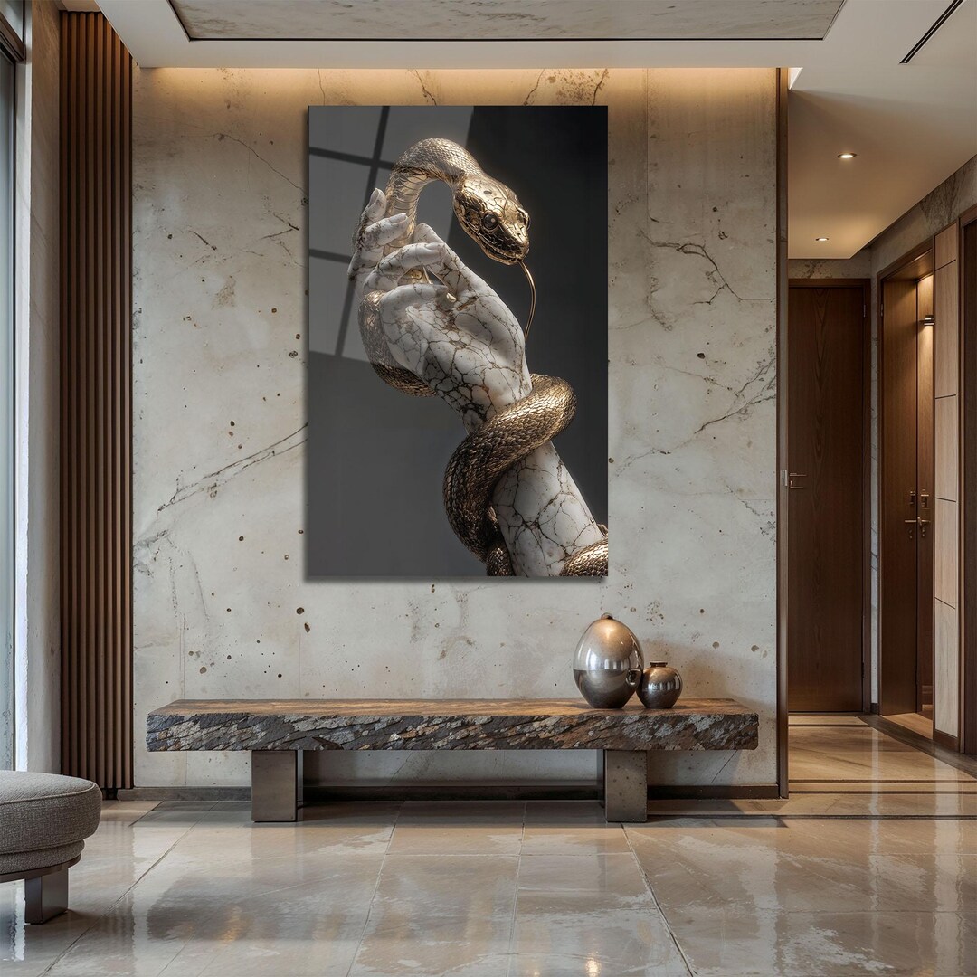 Golden Serpent Tempered Glass Wall Panel – Luxury Mythic Snake Art ...