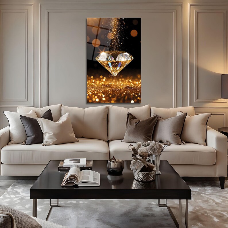 Golden Diamond Tempered Glass Wall Art | Luxury Abstract Decor (ready ...
