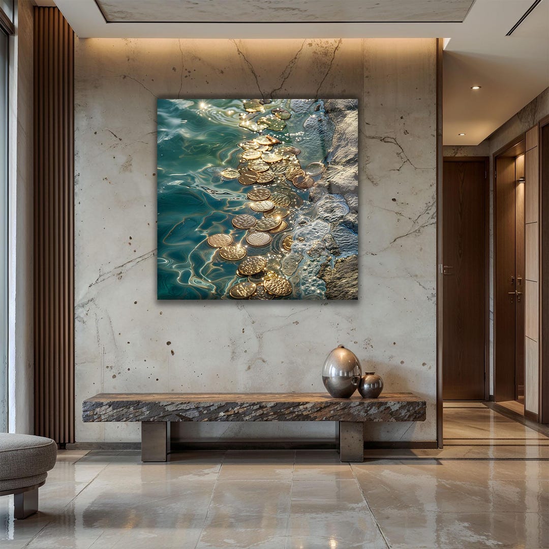 Gold Coins Water Art | Glossy Tempered Glass Panel | Luxury Wall Decor ...