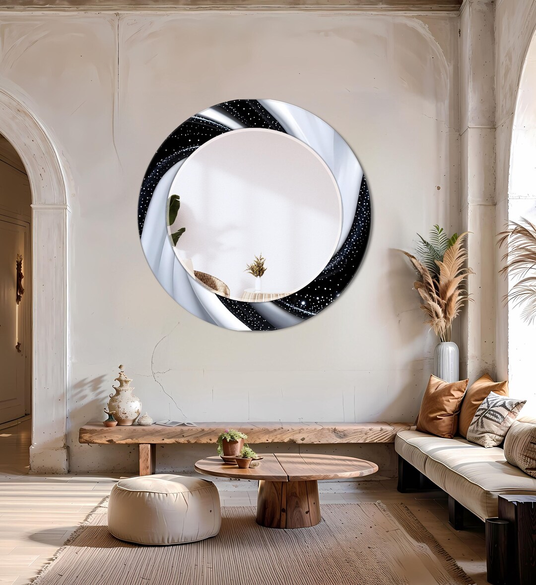 Round Swirl Mirror | Modern Black & White Tempered Glass Art - Etsy