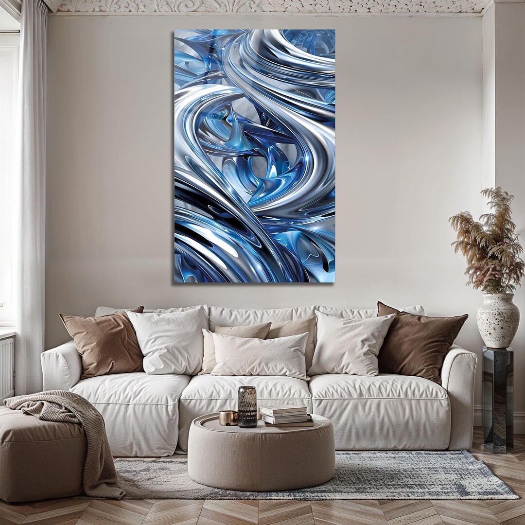 Blue & Silver Abstract Tempered Glass Wall Art: Modern Metallic Swirl ...