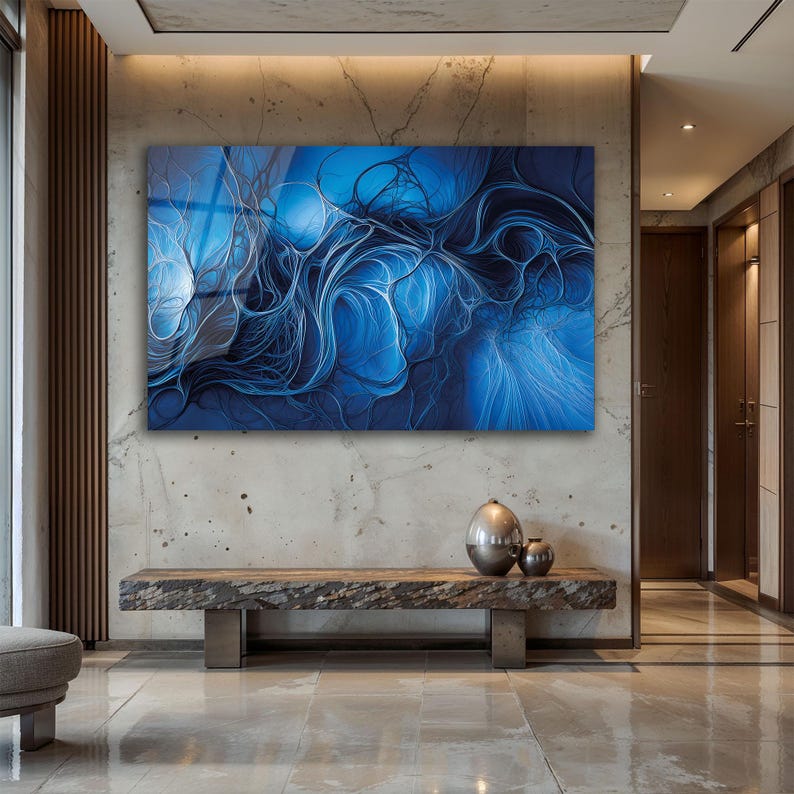 Deep Blue Abstract Horizontal Tempered Glass Wall Art – Modern Fluid ...