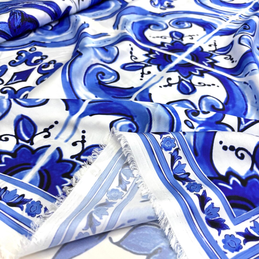 Blue Watercolor Italian Abstract Satin Fabric:dressmaking,blouses ...